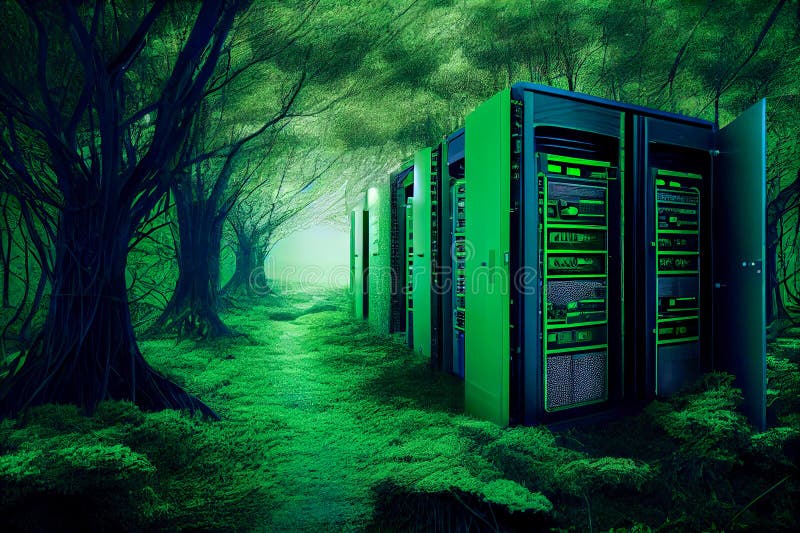 Futuristic Server Room with Green Trees. Green Technology Concept Stock ...