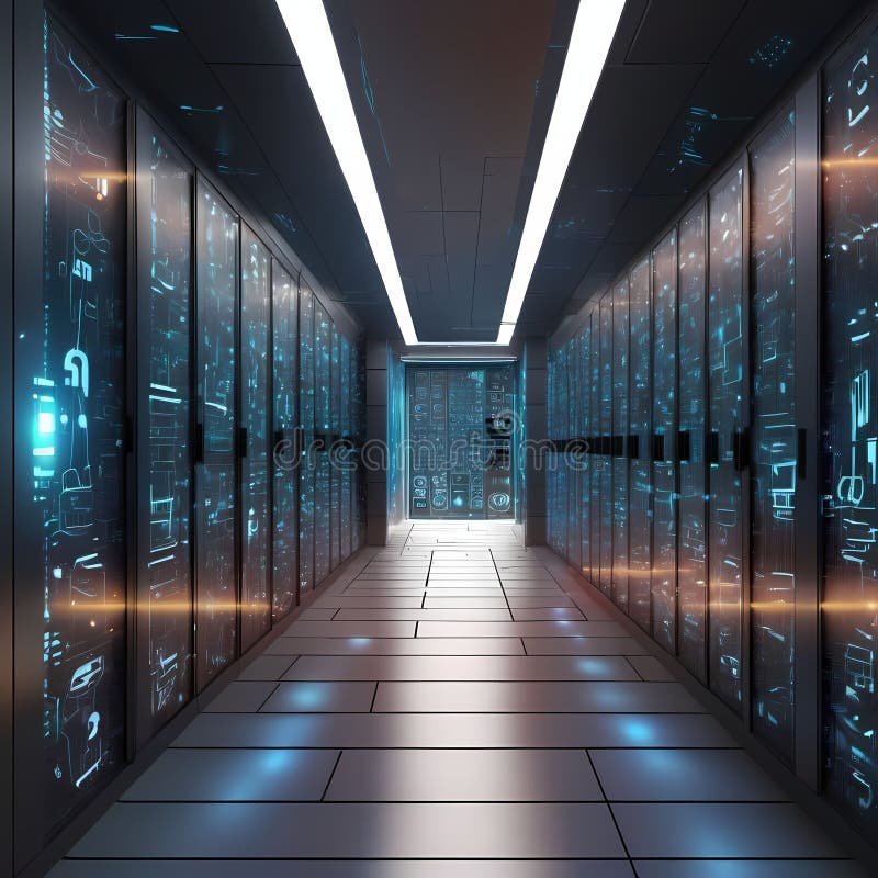 A Futuristic Server Room Hallway with Illuminated Panels and High-tech ...