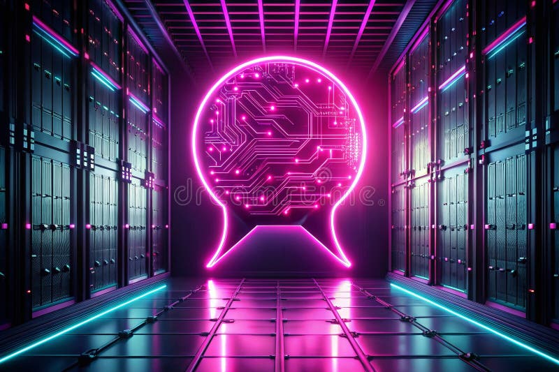 Futuristic Server Room Hallway Panoramic View Featuring a Striking Neon ...