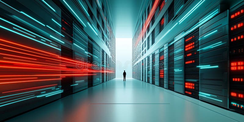 Futuristic Server Room with High-speed Data Transfer and Glowing ...