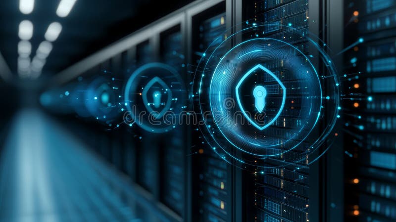 A Futuristic Server Room with Holographic Security Icons, Representing ...