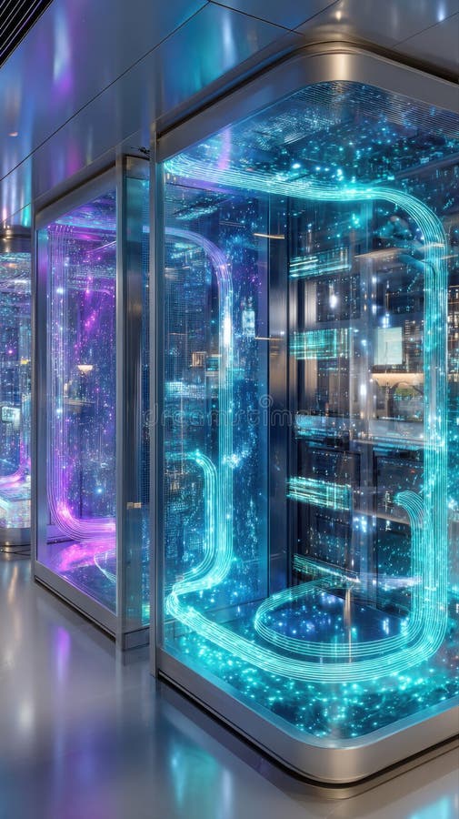 Futuristic Server Room with Glowing Blue and Orange Data Streams Stock Image - Image of ...