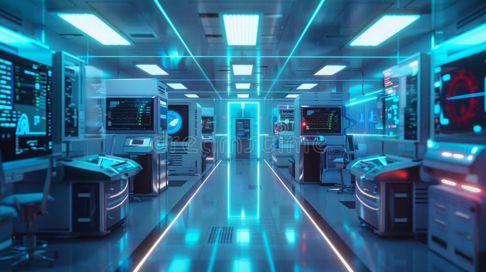 Futuristic Server Room with Illuminated Neon Lights, Advanced Computer ...