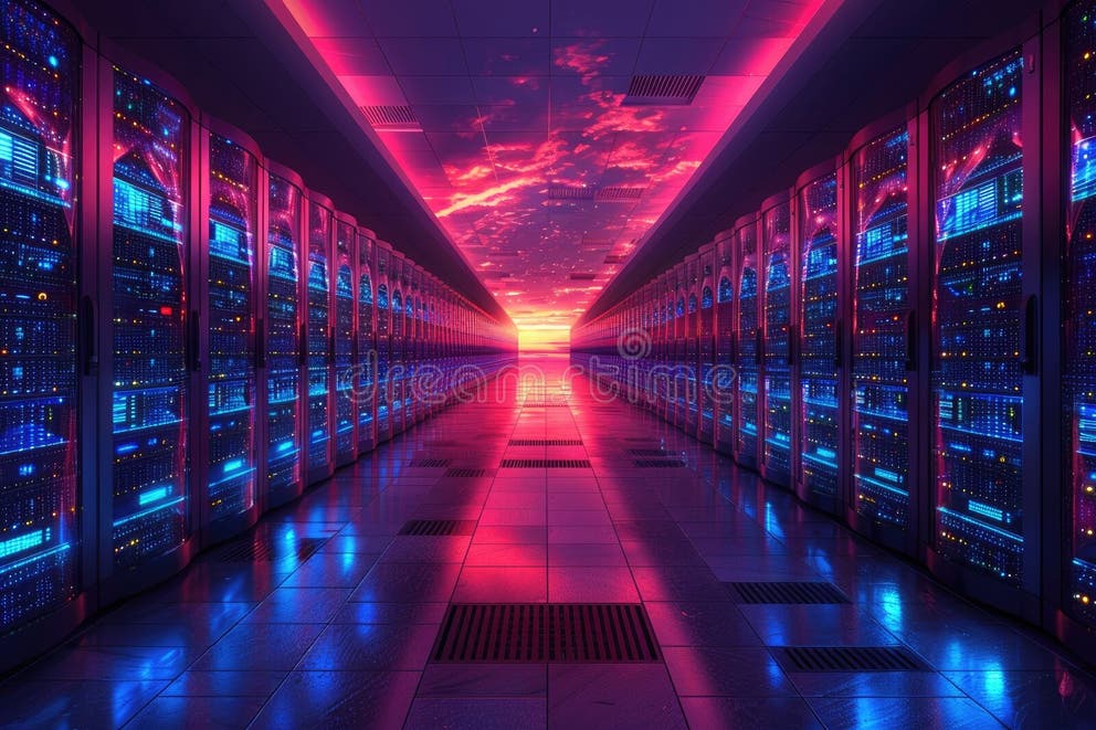 Stunning Futuristic Server Room with Vibrant Neon Lights at Sunset ...