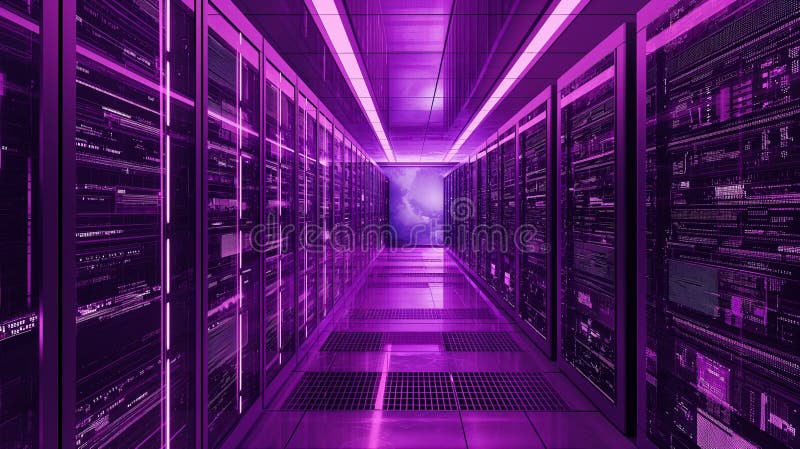 Futuristic Server Room Illuminated in Vibrant Purple Hues. Stock ...