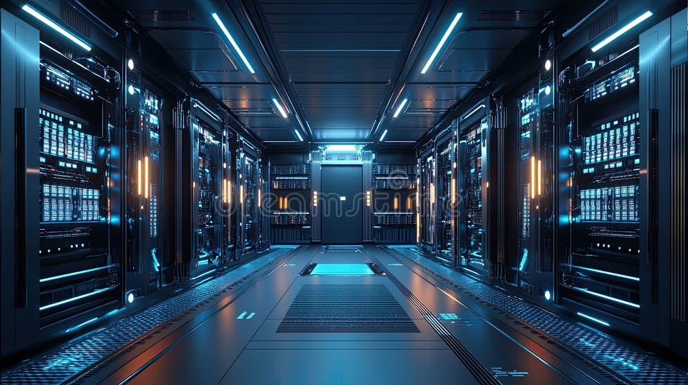 Futuristic Server Room Interior with Blue and Orange Lighting Stock ...