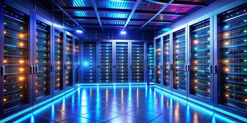 Futuristic Server Room Interior with Blue and Yellow Lights - 3D ...