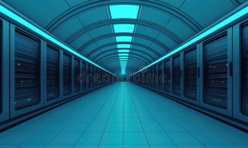 Futuristic Server Room Interior with Cool Blue Lighting and Long ...