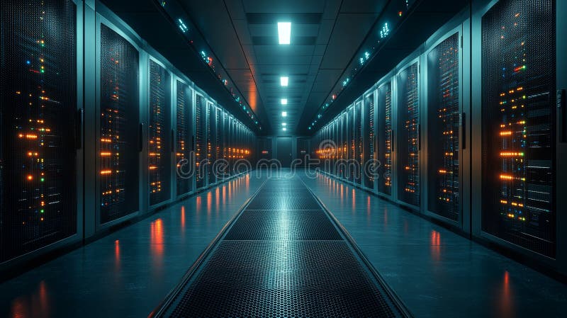 Futuristic Server Room Interior with Glowing Racks Stock Illustration ...