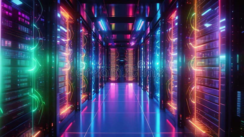 Futuristic Server Room with Data Visualization on Glowing Green Walls ...
