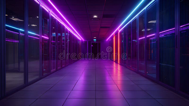Futuristic Server Room Interior with Neon Lights and Glass Server Racks ...