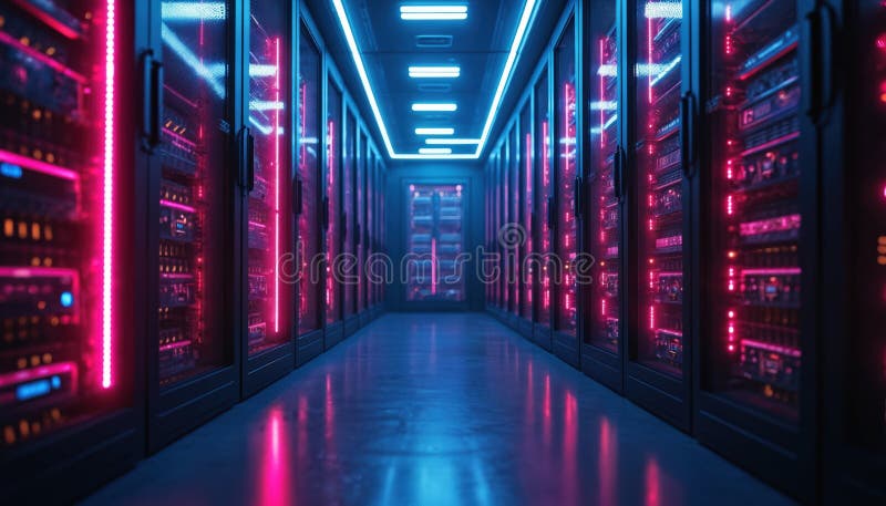 Futuristic Server Room Lit Neon Lights. Dark Data Center with Sleek Design, Glowing Lights ...