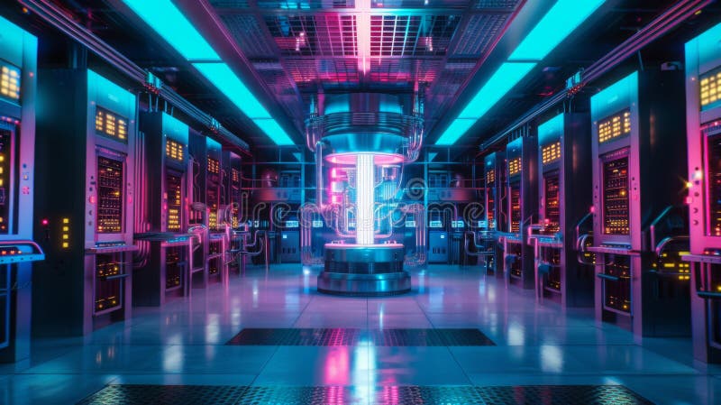 Futuristic Server Room with Neon Lighting and Central Core at Night ...