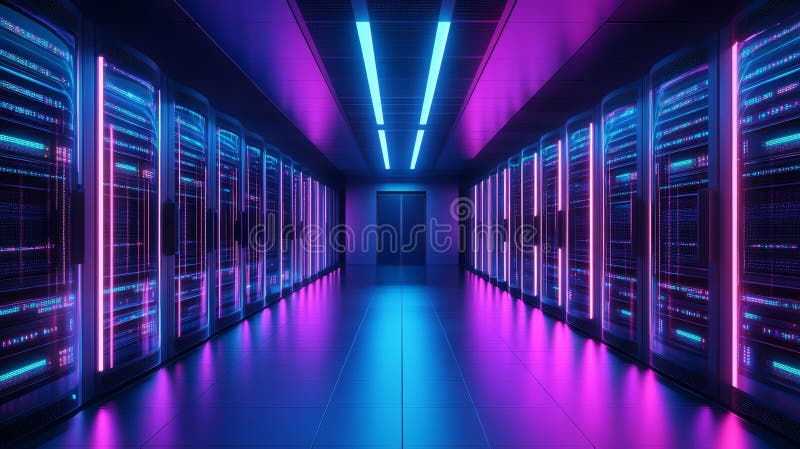Futuristic Server Room with Neon Lighting and Cloud Data Storage a ...