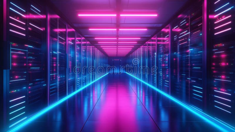 Futuristic Server Room with Neon Lighting, Cloud Storage, and Advanced ...