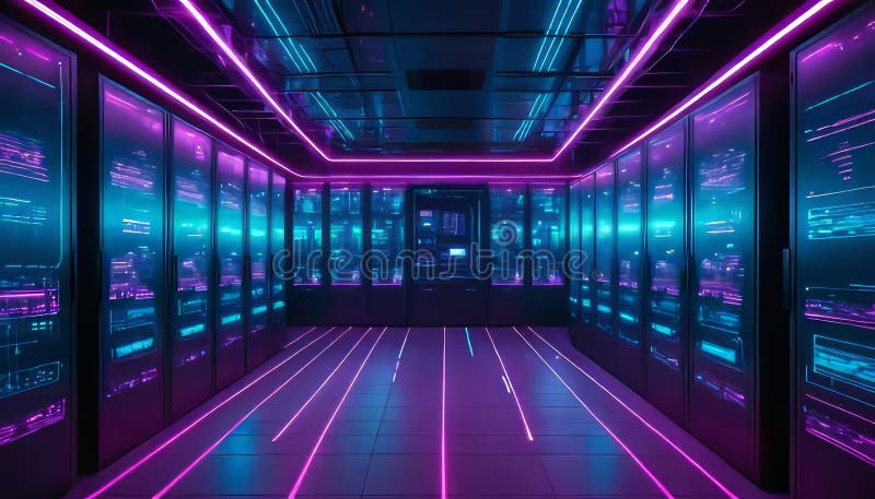 Futuristic Server Room with Neon Lighting and Digital Overlay Stock ...