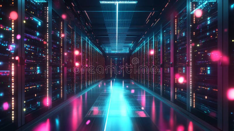 Futuristic Server Room with Neon Lights Stock Illustration ...