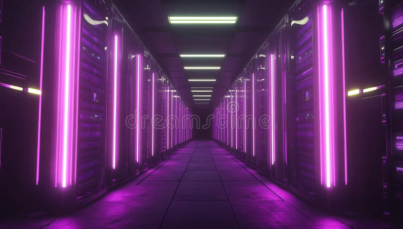 Futuristic Server Room with Neon Lights Stock Illustration ...