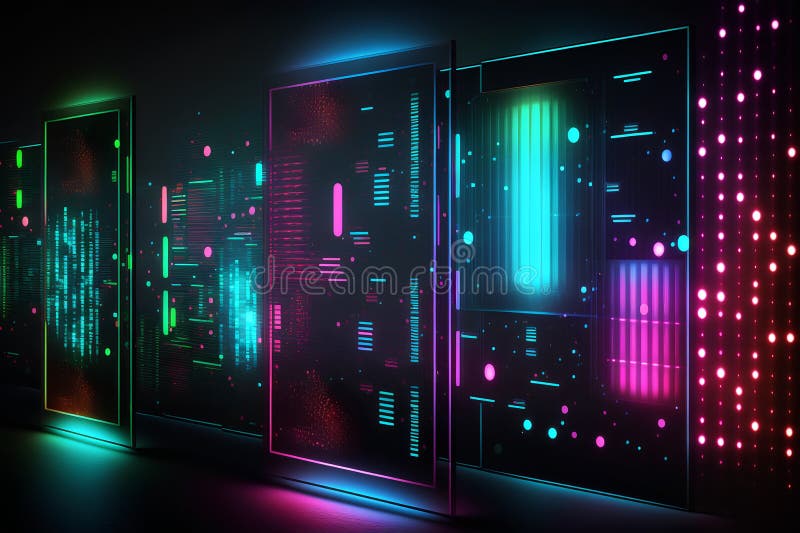 Futuristic Server Room with Neon Lights. 3D Rendering Stock ...