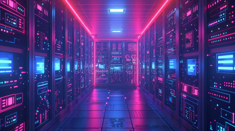Futuristic Server Room with Neon Lights, Showcasing Advanced Technology ...