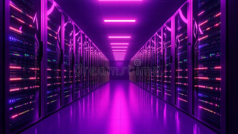 Futuristic Server Room with Neon Purple Lighting Stock Illustration ...
