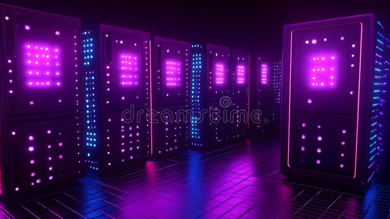 Futuristic Server Room with Pink and Blue Neon Lights Reflecting on ...