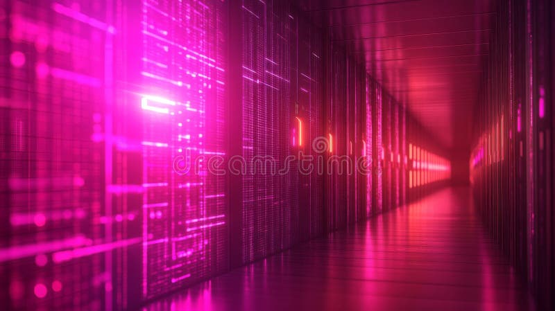 Futuristic Server Room with Pink Neon Lights and Reflections Stock ...
