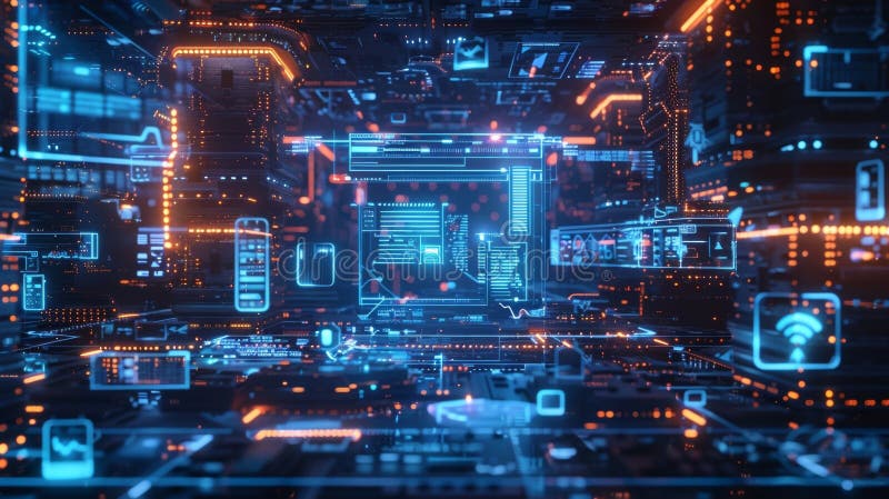 Futuristic Server Room Processing Big Data with Holographic Interface Stock Image - Image of ...