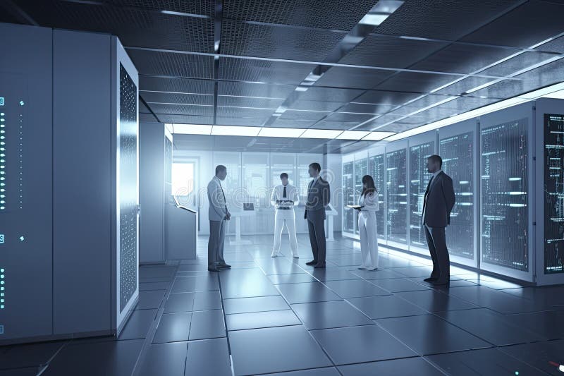 Futuristic Server Room with Quantum Computers and Group of Scientists ...