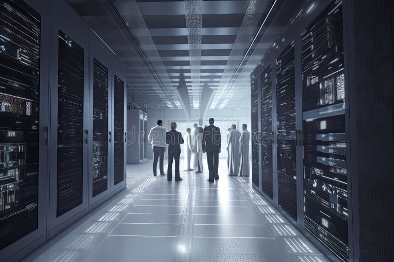 Futuristic Server Room with Quantum Computers and Group of Scientists ...