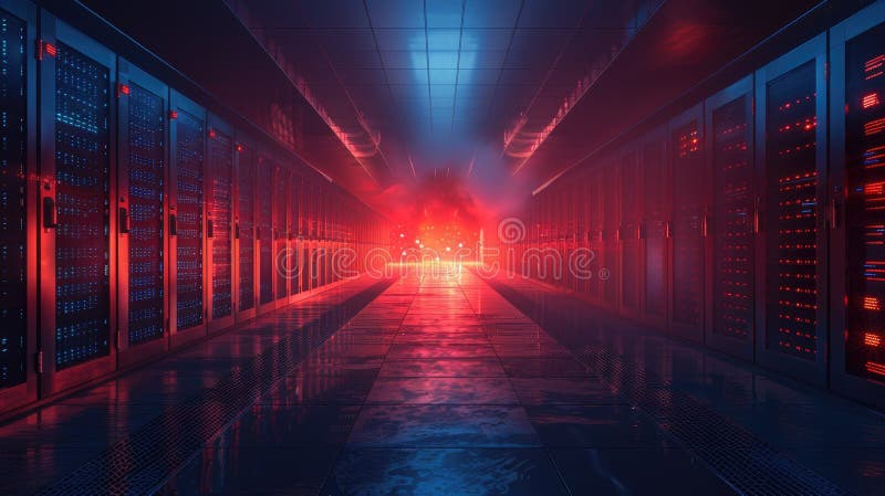 Futuristic Server Room with Red and Blue Lighting, Showcasing Advanced ...