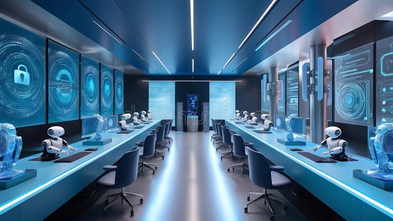 Futuristic Server Room with Robots and Holographic Displays Stock ...