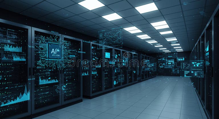 A Futuristic Server Room with Rows of Black Server Racks Lining Both ...