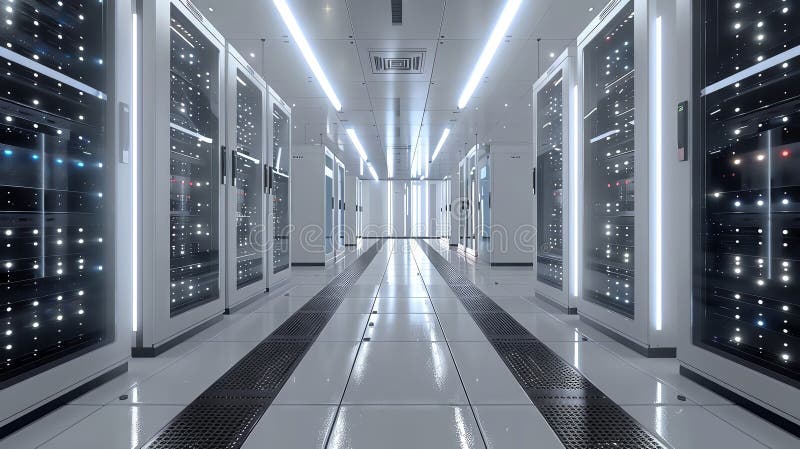 A Futuristic Server Room with Rows of Glowing Servers and a Polished ...