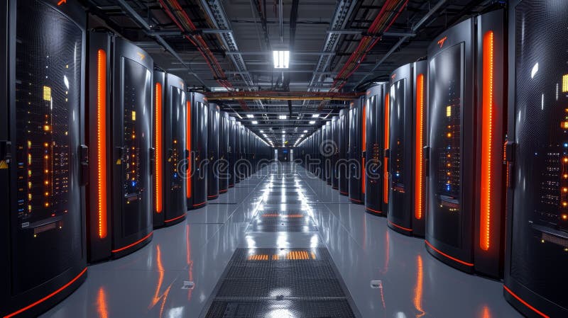 A Futuristic Server Room with Rows of Glowing Servers Stock ...