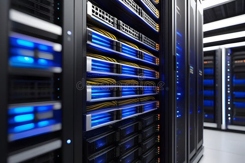 Futuristic Server Room with Rows of Lit Up Racks and High-Tech ...