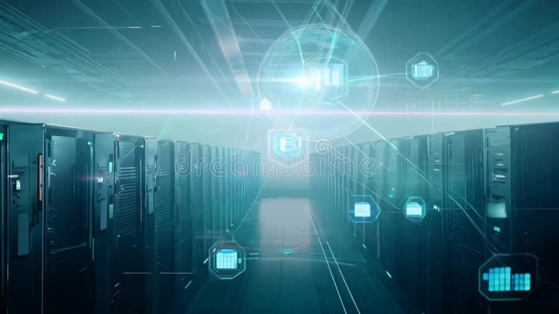 A Futuristic Server Room with Rows of Servers and Glowing, Digital ...