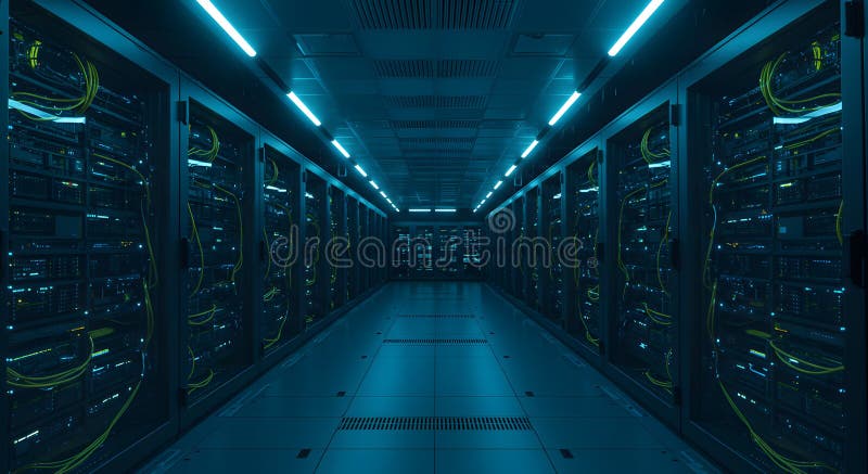 Futuristic Server Room: Rows of Servers Glowing Under Neon Lights Stock ...