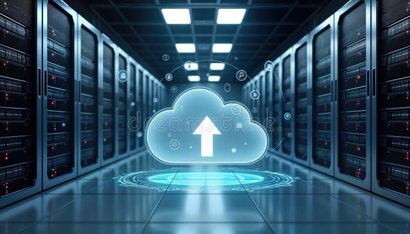 Futuristic Server Room Shows Tech Data Recovery System. Cloud Backup ...