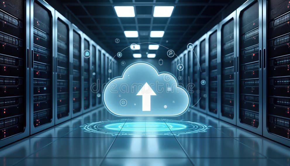 Futuristic Server Room Shows Tech Data Recovery System. Cloud Backup ...