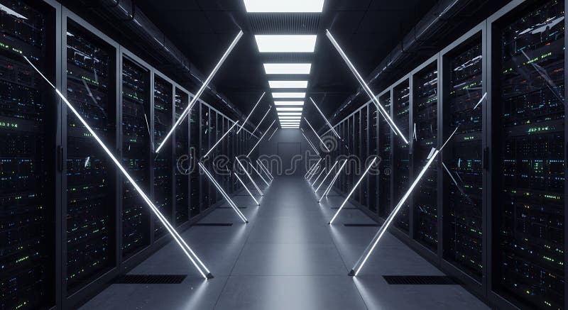 Futuristic Server Room with Sleek, Modern Design. Rows of Black Server ...