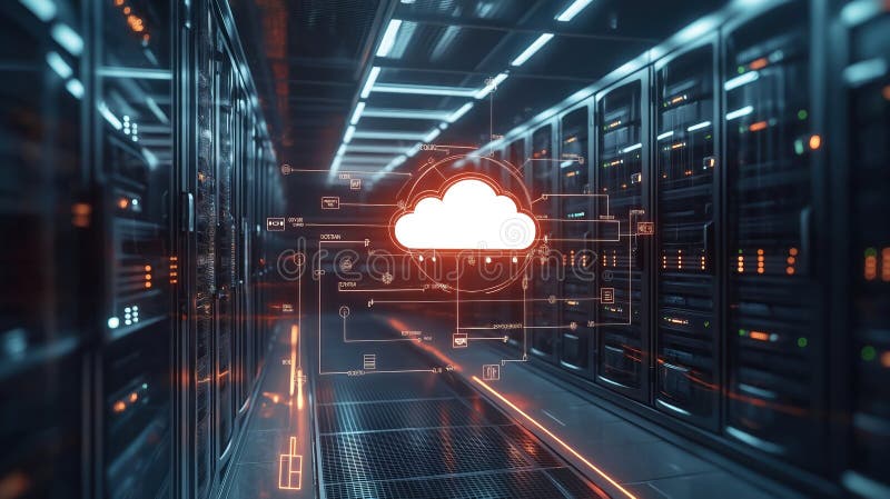 Futuristic Server Room Tech Data Recovery Plan. Cloud Backup Concept in ...