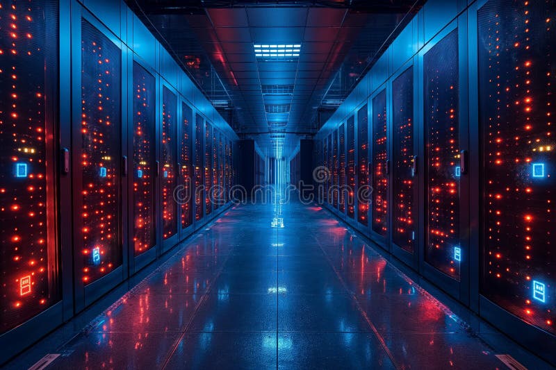 Futuristic Server Room with Vibrant Blue Lights Stock Image - Image of ...
