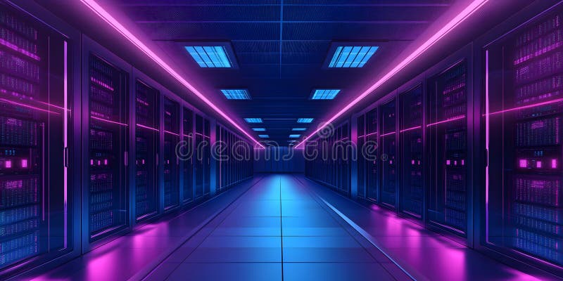 Futuristic Server Room with Vibrant Neon Lighting Stock Illustration ...