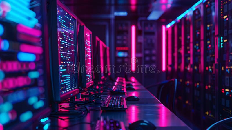 Futuristic Server Room with Vibrant Neon Lights in a Data Center Stock ...