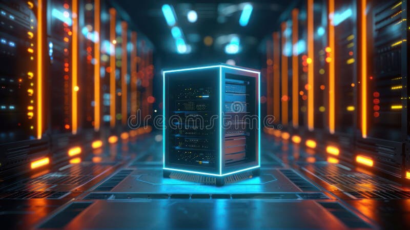 Futuristic Server Tower with Blue and Orange Lighting in Modern Data ...