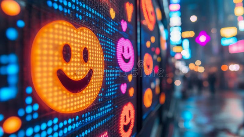 A Futuristic Setting with Colorful Digital Smiley Faces Illuminated on ...