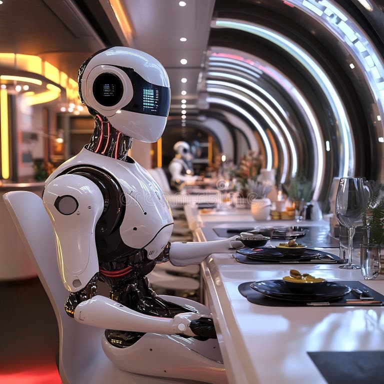 Futuristic Setting Featuring Humanoid Robots Seated at a Sleek, White Counter with Black ...