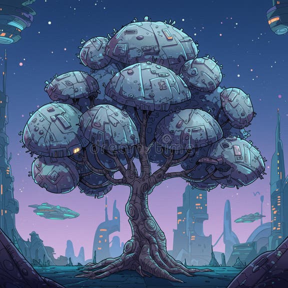 Futuristic Setting Featuring a Large Tree with Mechanical, Dome-shaped ...