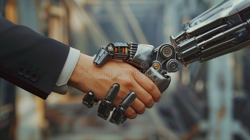 A Human Hand Shakes a Robotic Hand, Symbolizing Collaboration between ...